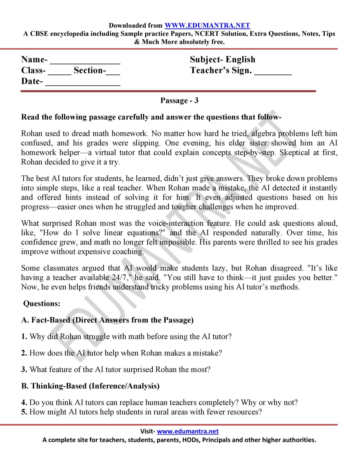 50+ Comprehension Worksheets for Class 7 – Unseen Passages with Answers