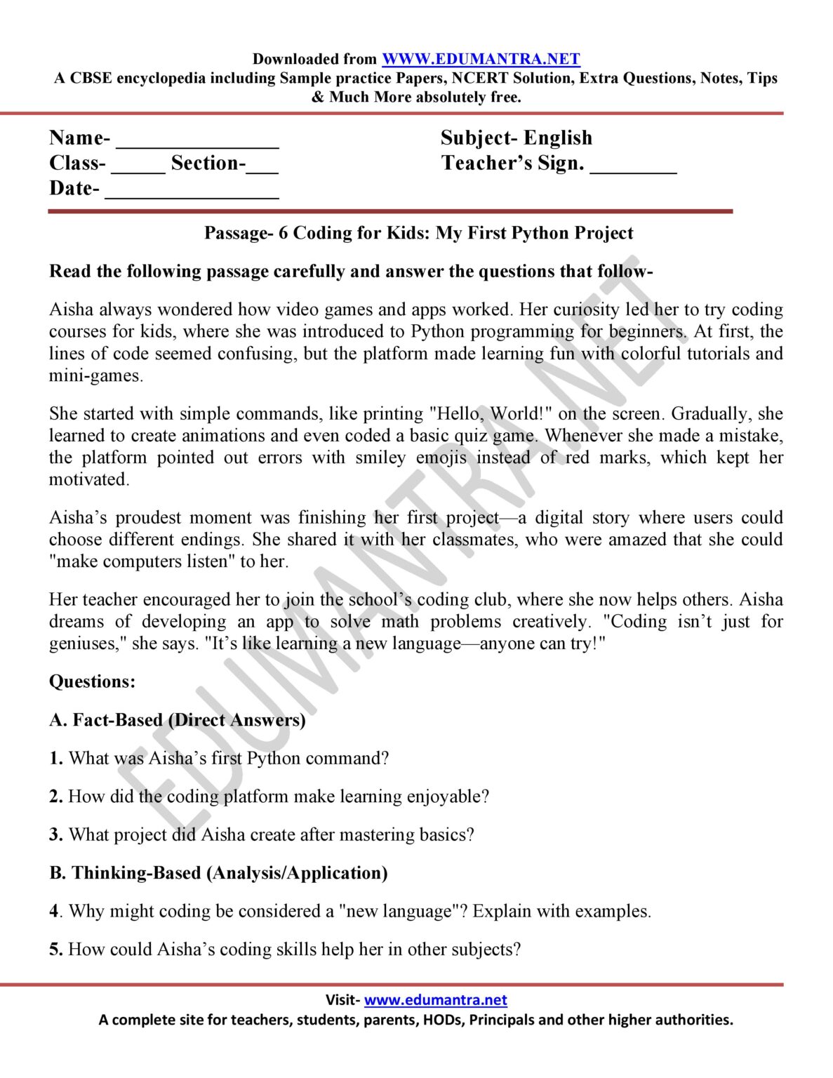50+ Comprehension Worksheets for Class 7 – Unseen Passages with Answers
