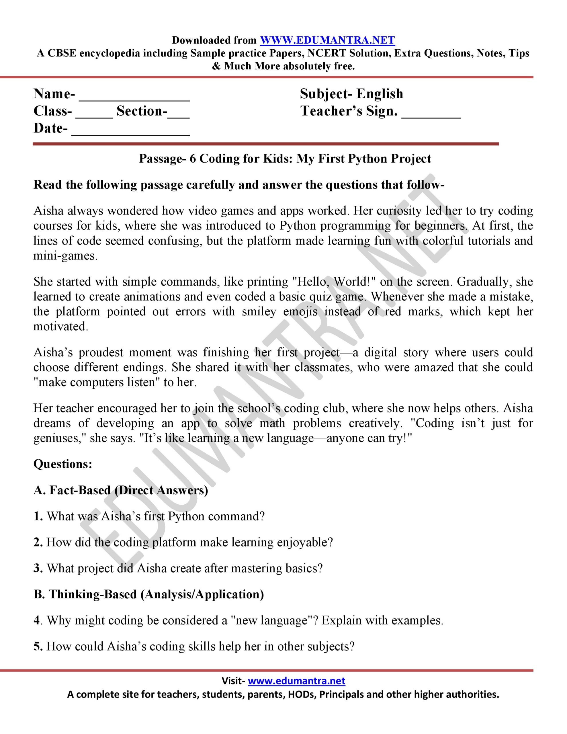 50+ Comprehension Worksheets for Class 7 – Unseen Passages with Answers