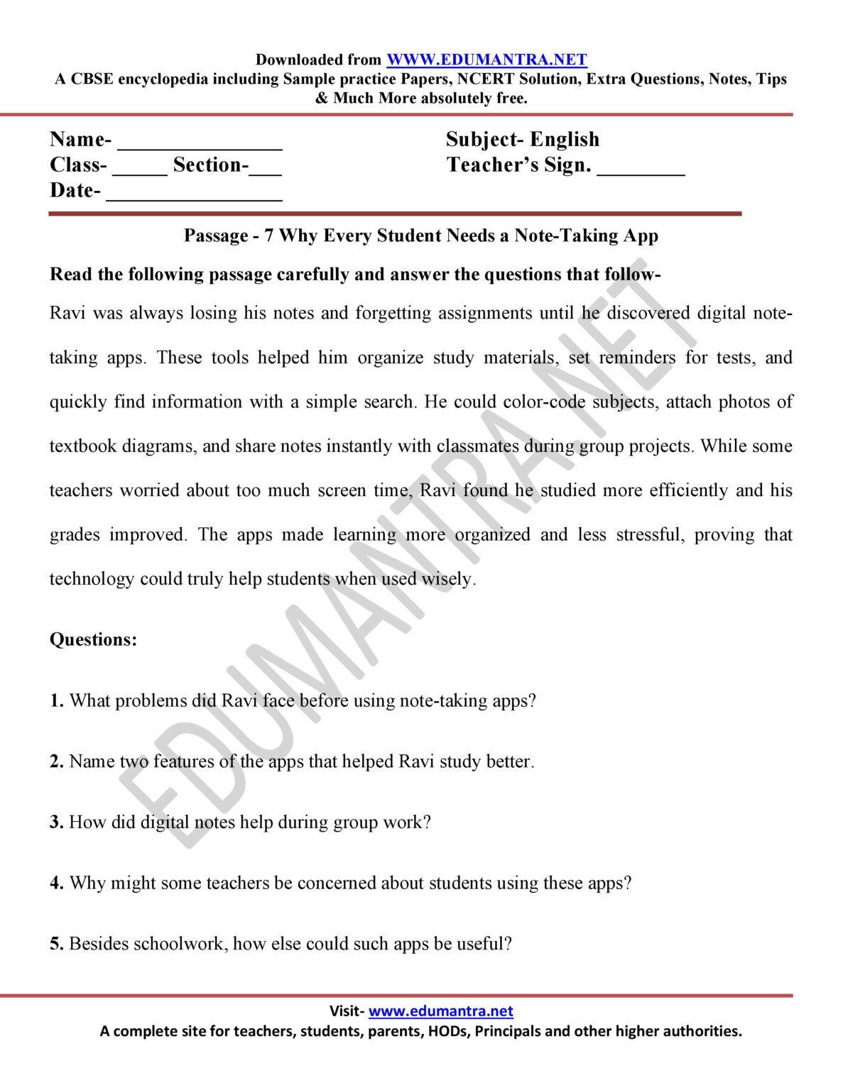 50+ Comprehension Worksheets for Class 7 – Unseen Passages with Answers