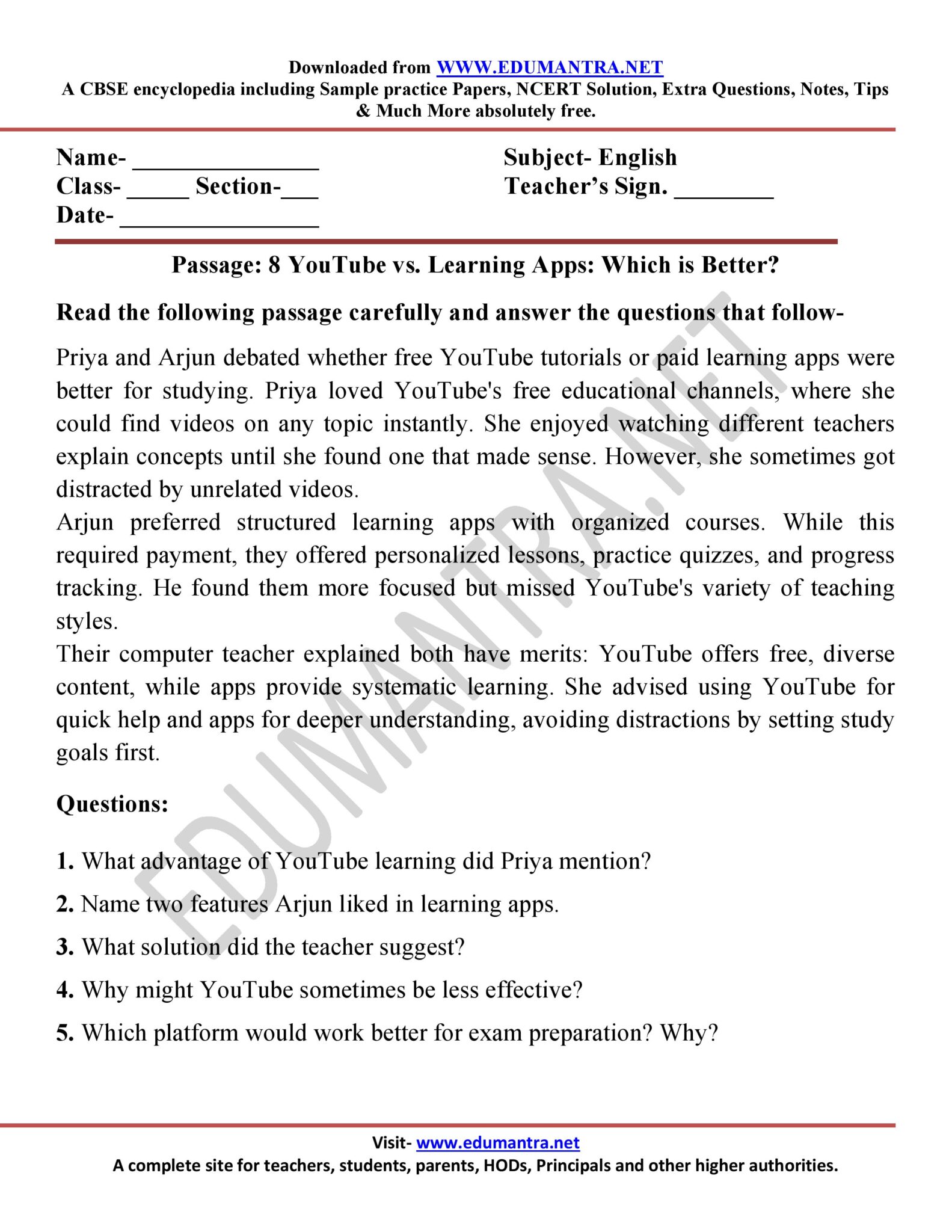 50+ Comprehension Worksheets for Class 7 – Unseen Passages with Answers