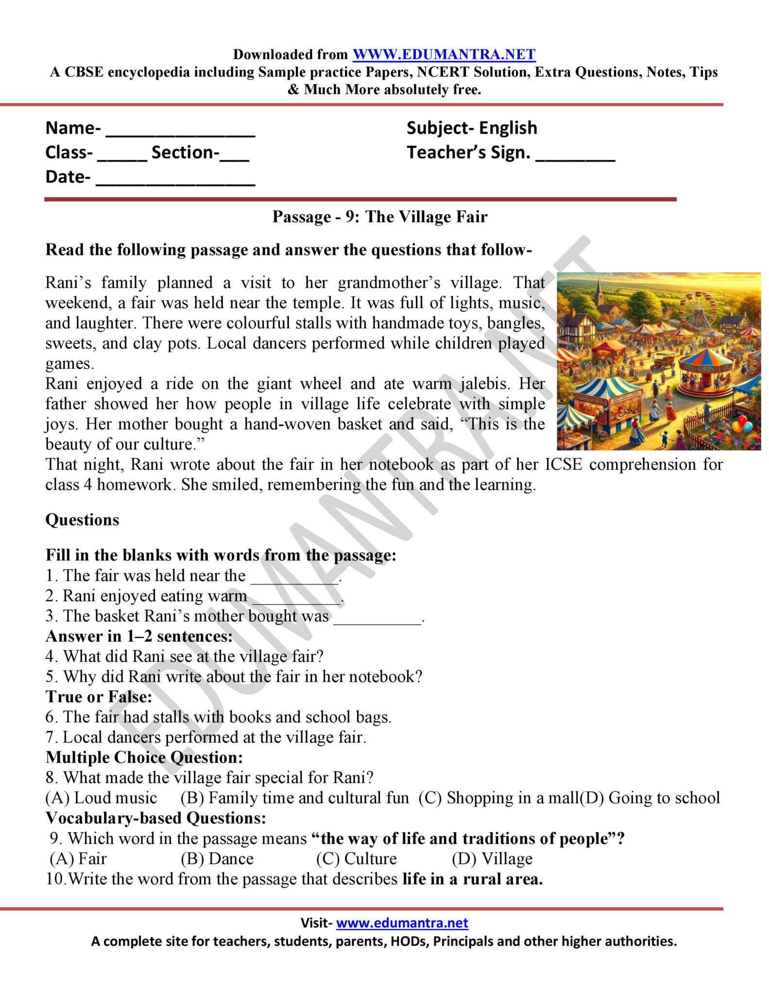 10+ Comprehension for Class 4 ICSE with Answers PDF – Simple Reading Sets