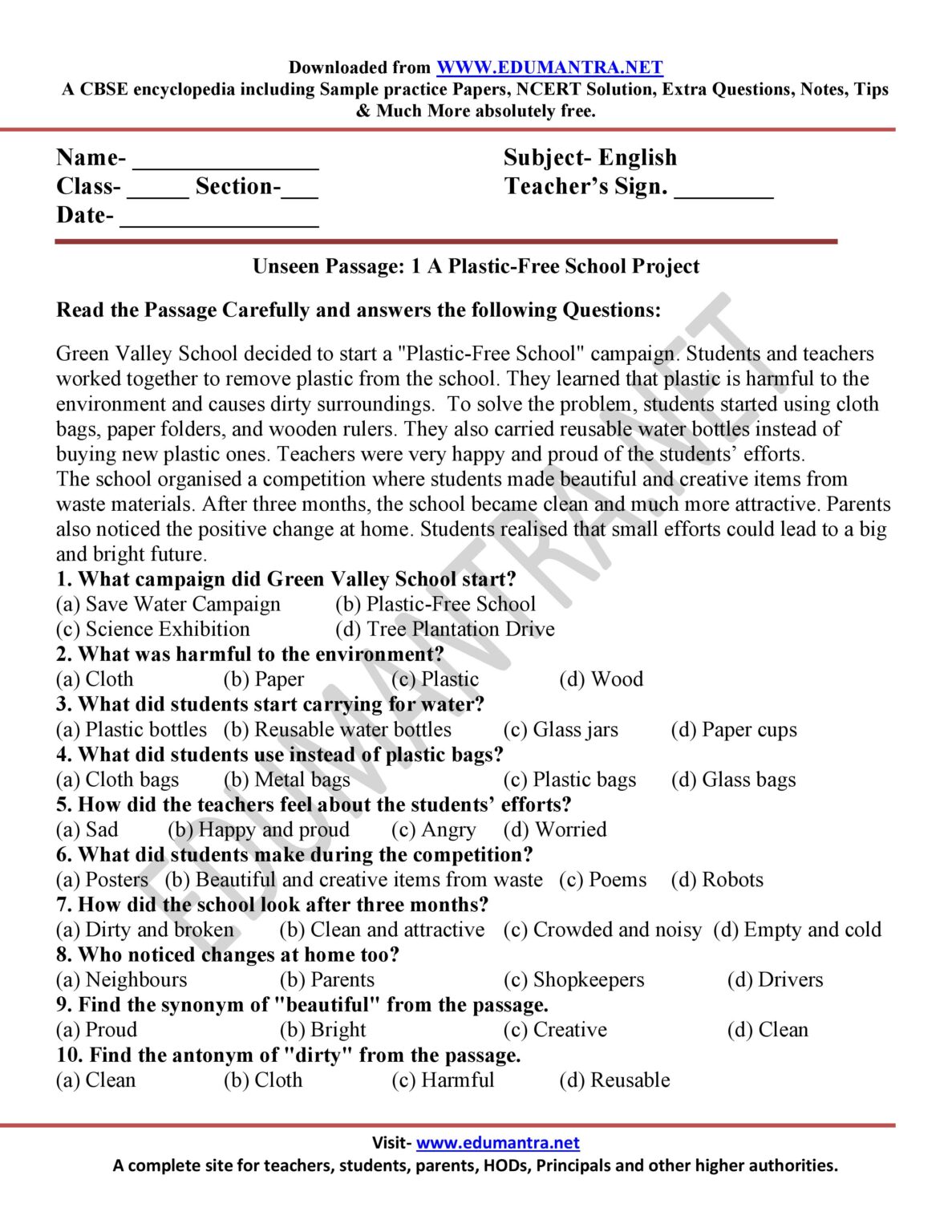 50+ Unseen Passage with MCQ for Class 7 Practice Sets with Answers