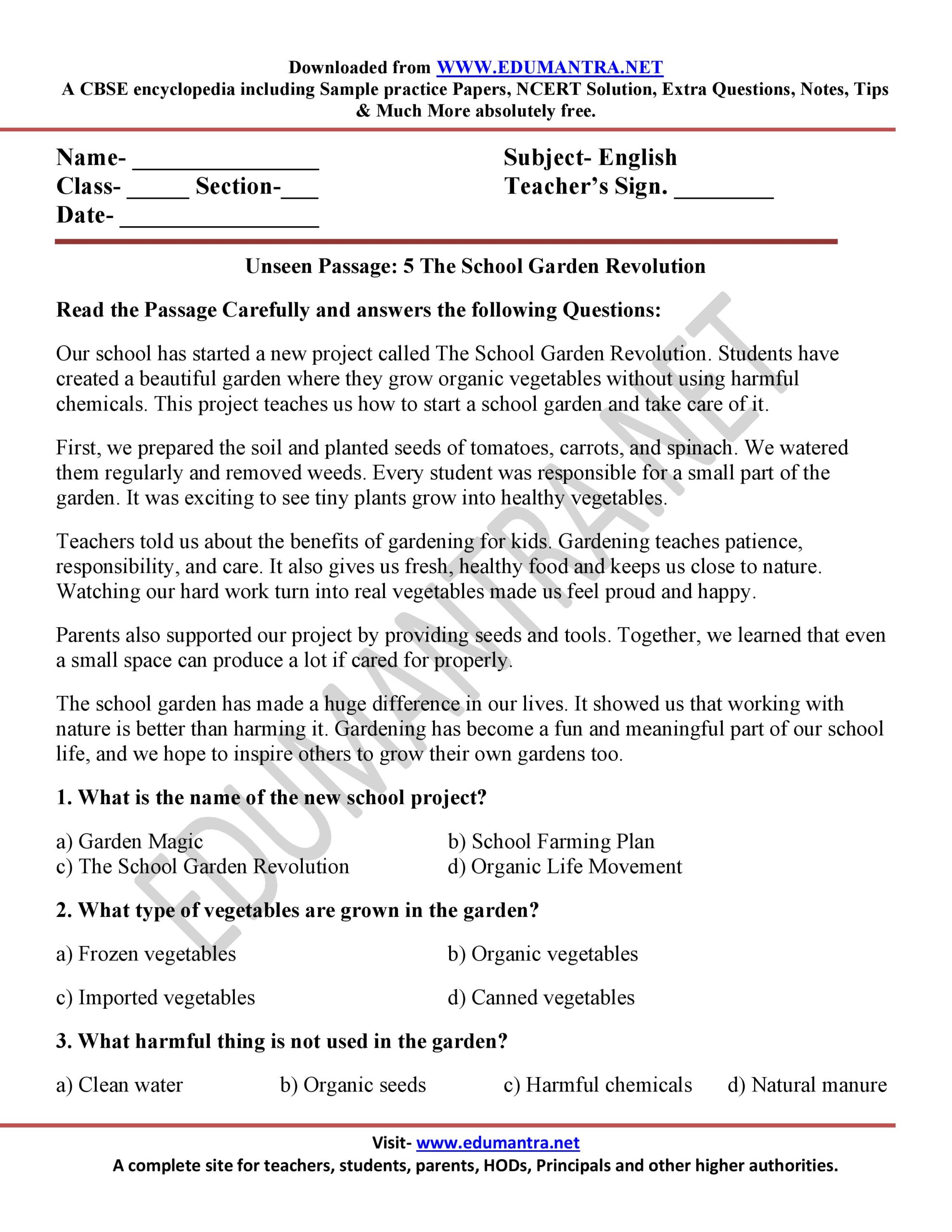 50+ Unseen Passage with MCQ for Class 7 Practice Sets with Answers