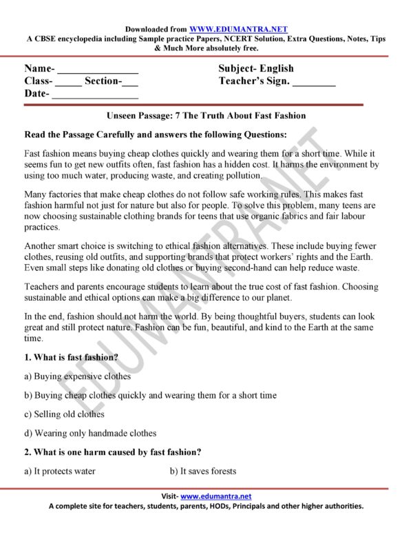 50+ Unseen Passage with MCQ for Class 7 Practice Sets with Answers