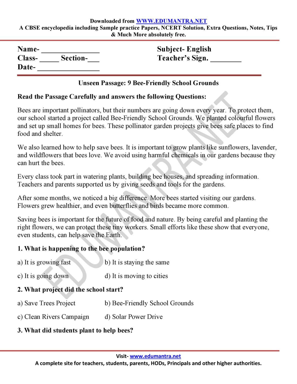 50+ Unseen Passage with MCQ for Class 7 Practice Sets with Answers