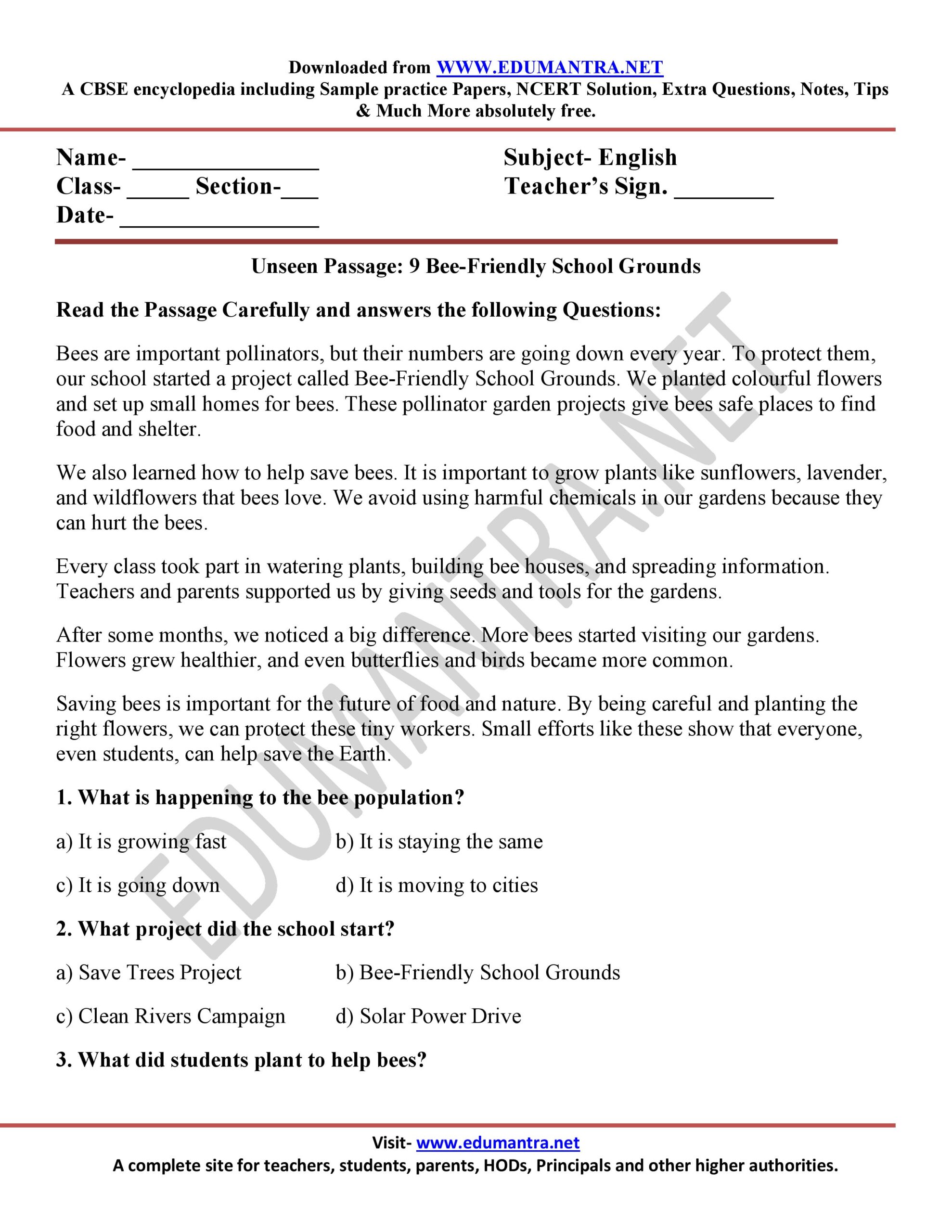 50+ Unseen Passage with MCQ for Class 7 Practice Sets with Answers
