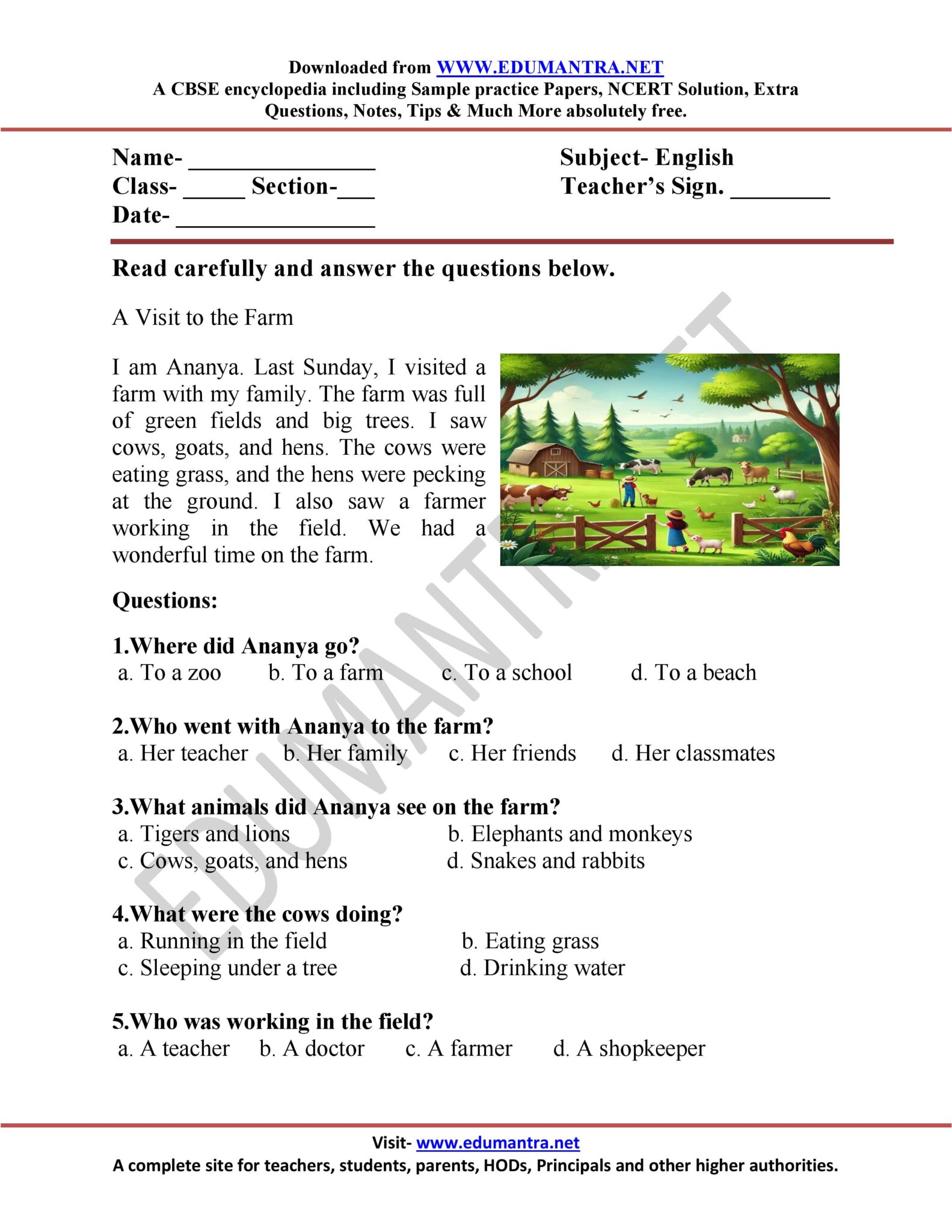 50+ English Passage for Class 2 | Reading Passages with Questions ...