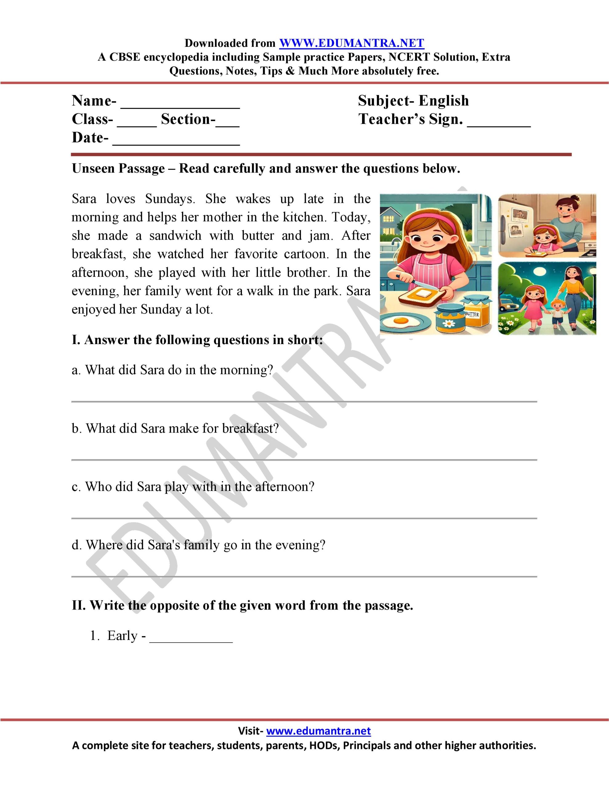 50 + Best English Comprehension Class 2 | Passages with Answers MCQ ...