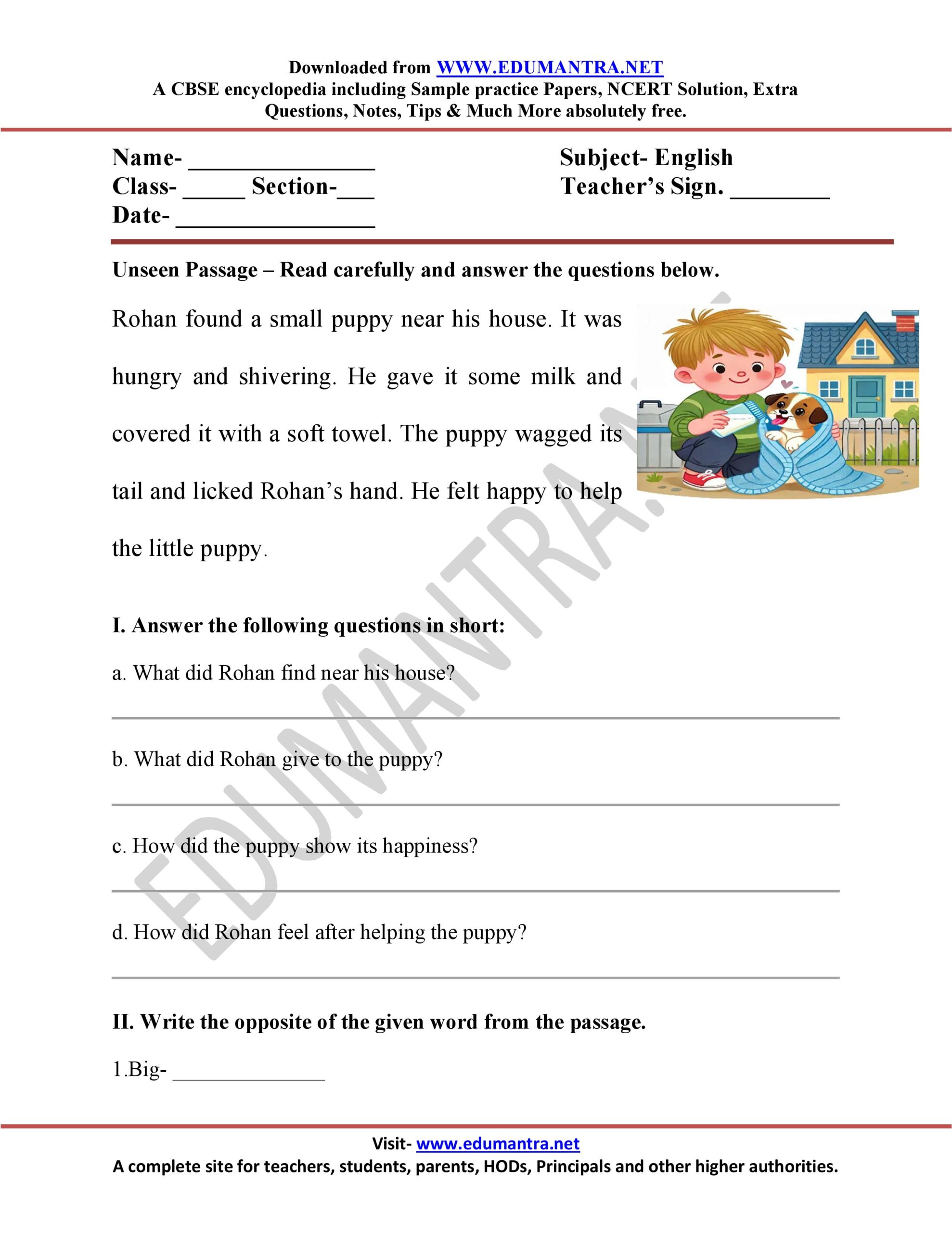 50 + Best English Comprehension Class 2 | Passages with Answers MCQ ...