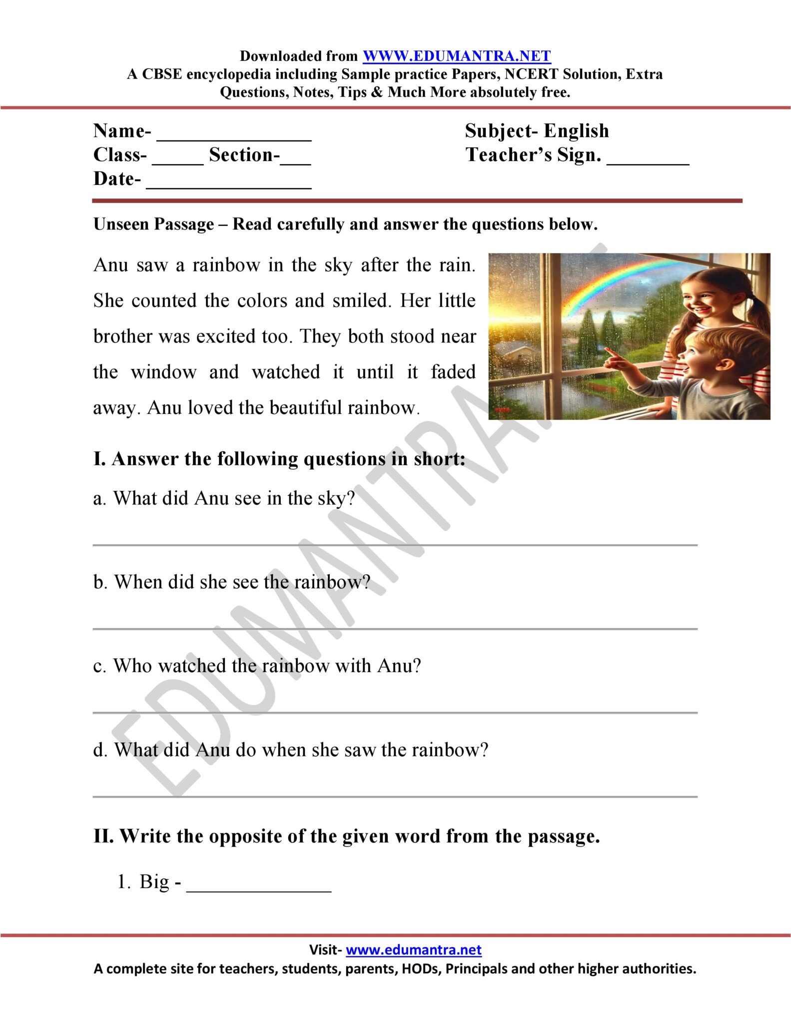 50 + Best English Comprehension Class 2 | Passages with Answers MCQ ...