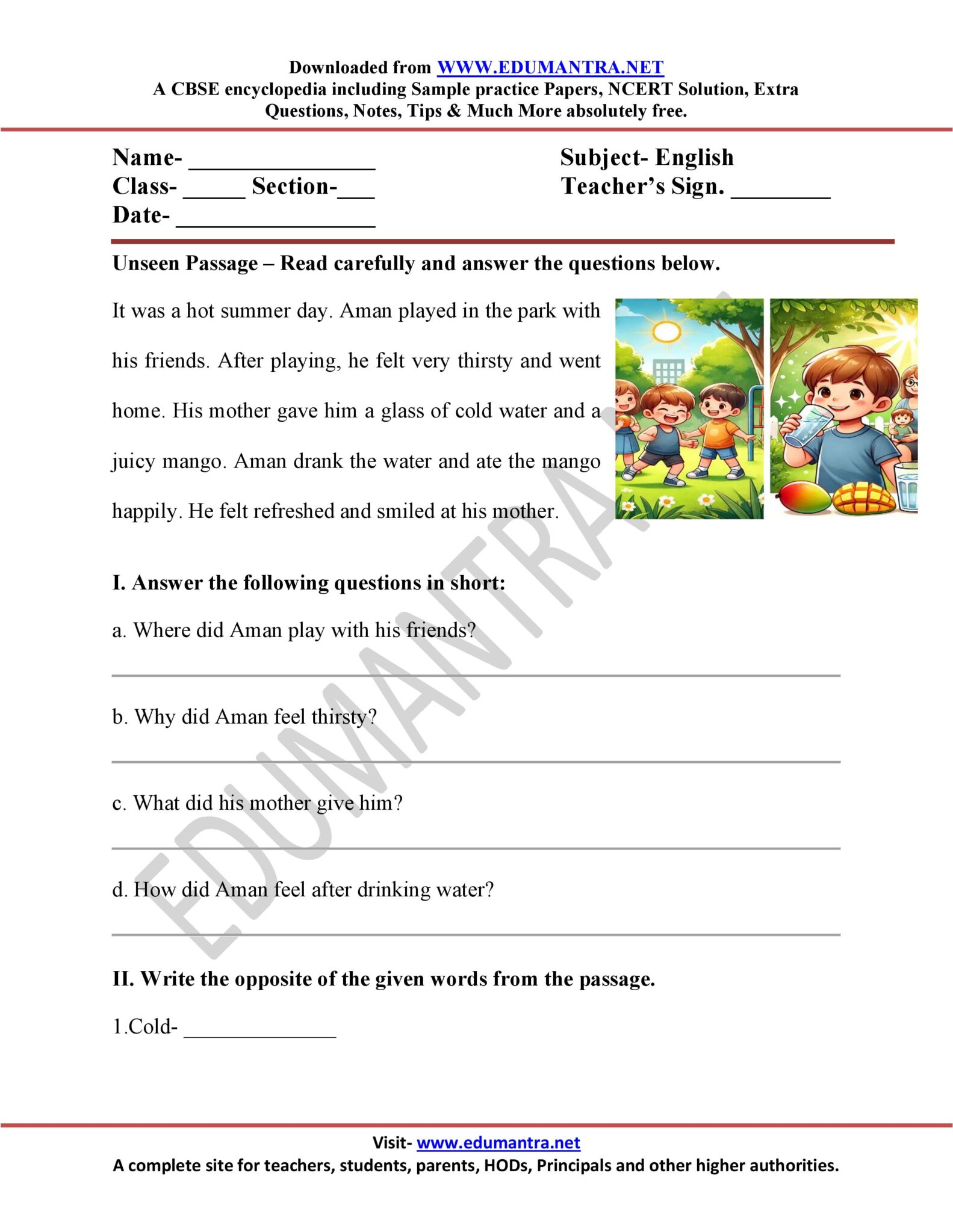 50 + Best English Comprehension Class 2 | Passages with Answers MCQ ...