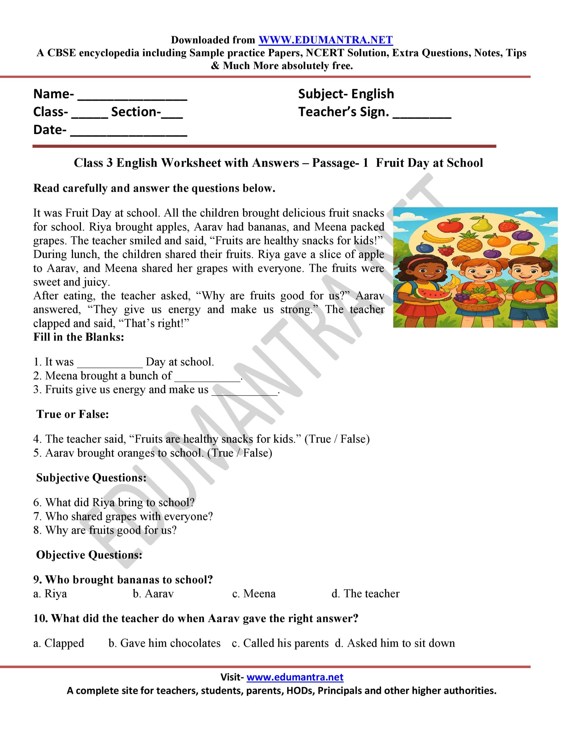 3 Class English Worksheet with Answers | Free Printable Worksheets PDF ...