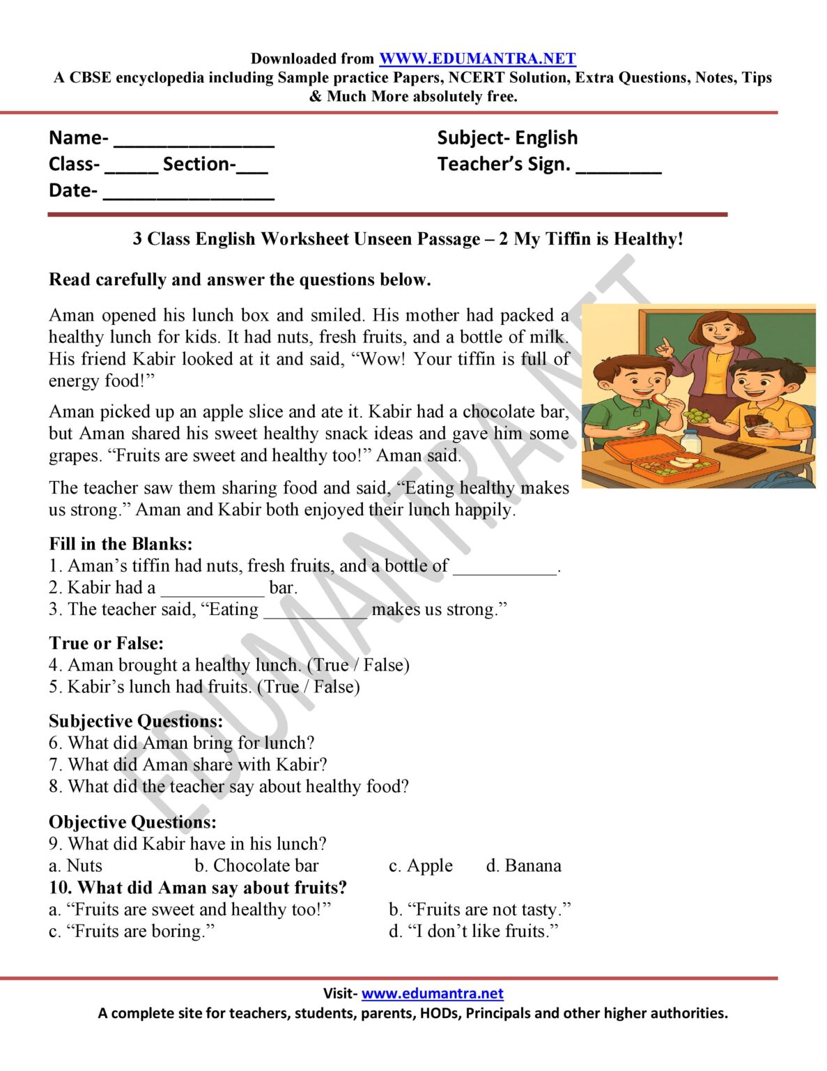 3 Class English Worksheet with Answers | Free Printable Worksheets PDF ...