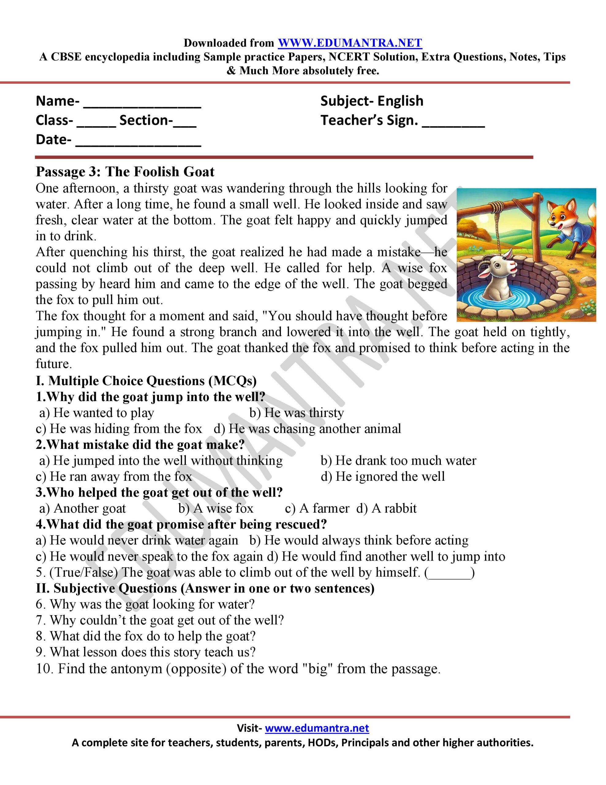 Unseen Passage Class 5 with Answers | MCQ | Vocabulary | Free PDF ...