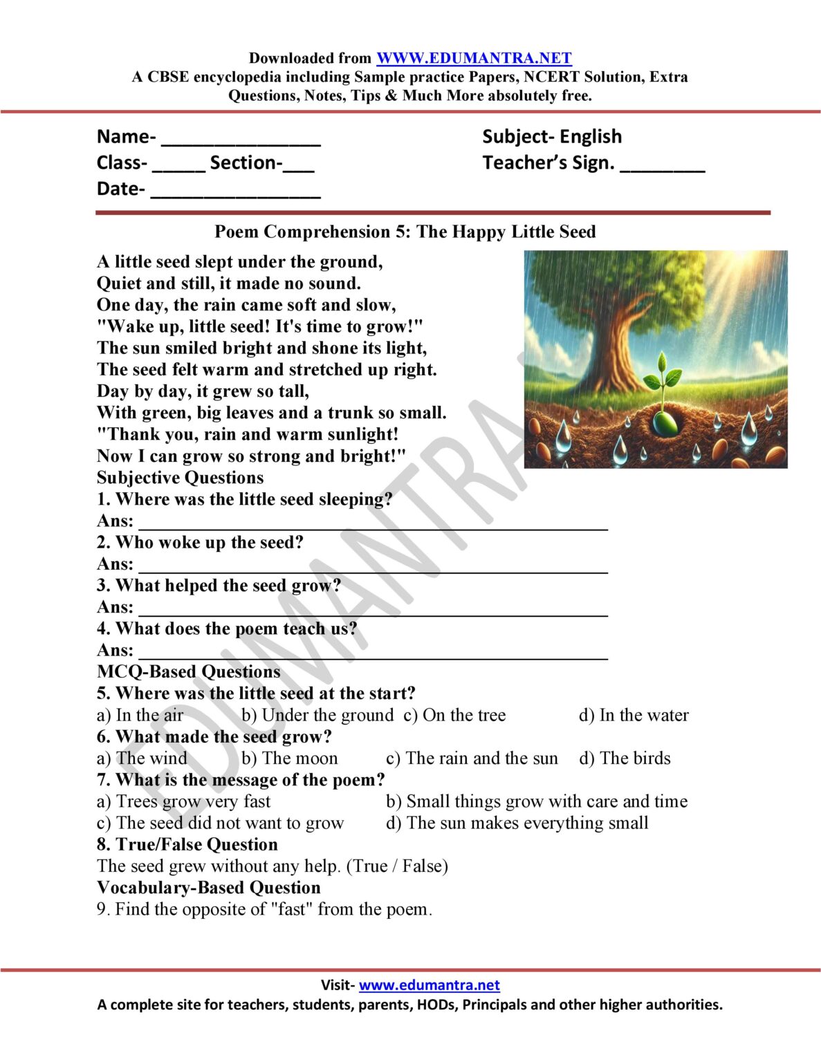 10+ Best Poem Comprehension for Class 5 | Unseen Poem with Questions ...