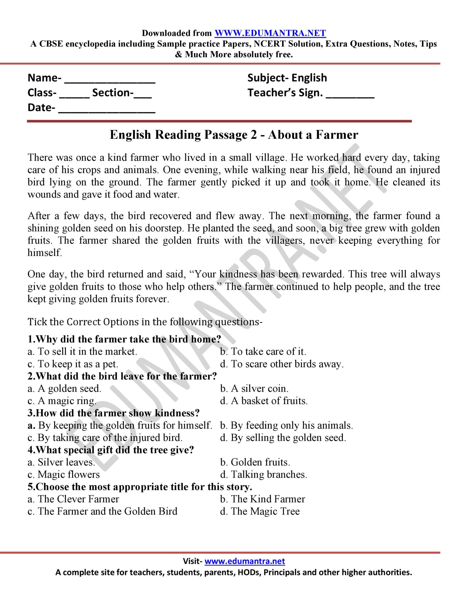 Class 6 English Reading Comprehension Improve Reading Skills 10 ...