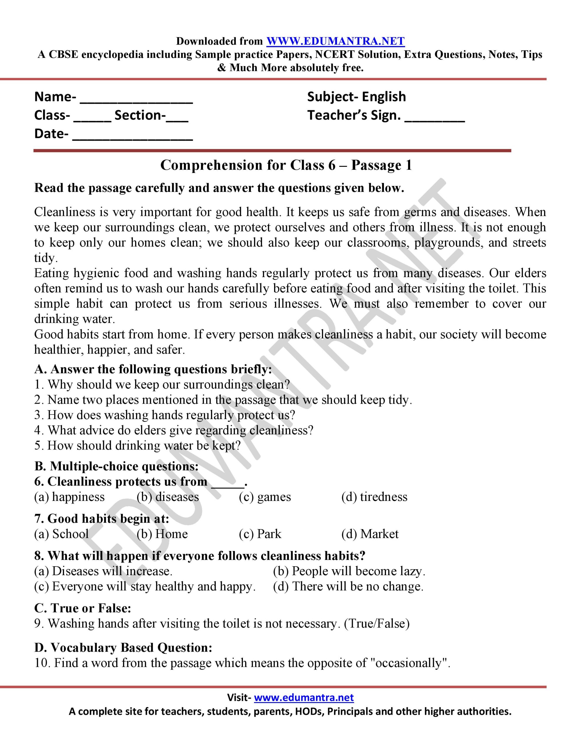 50 + Comprehension for Class 6 Passages | MCQ | Subjective | Exercises ...