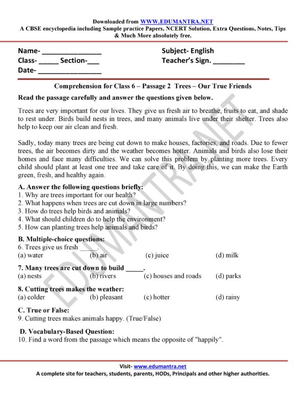 50 + Comprehension for Class 6 Passages | MCQ | Subjective | Exercises ...