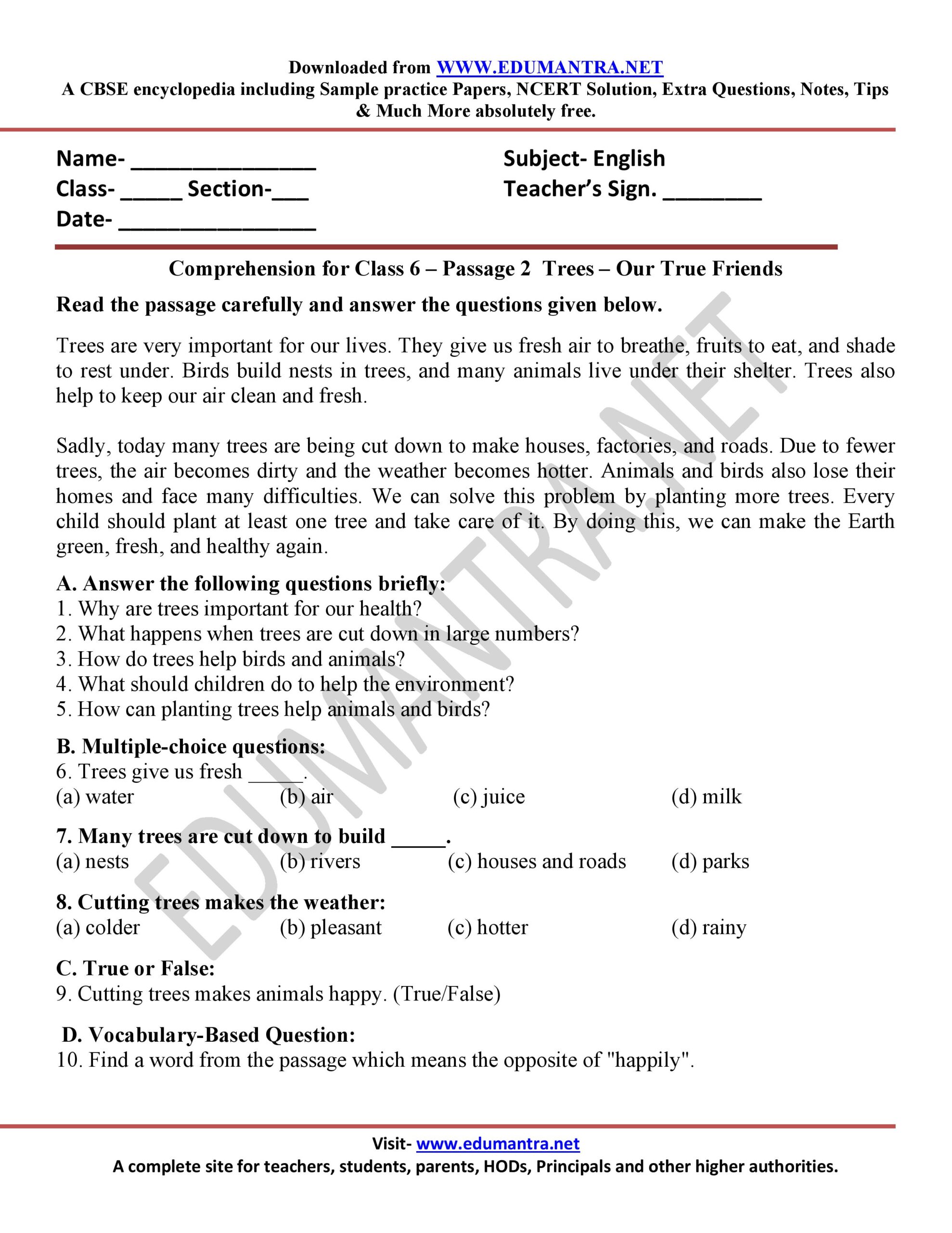 50 + Comprehension for Class 6 Passages | MCQ | Subjective | Exercises ...
