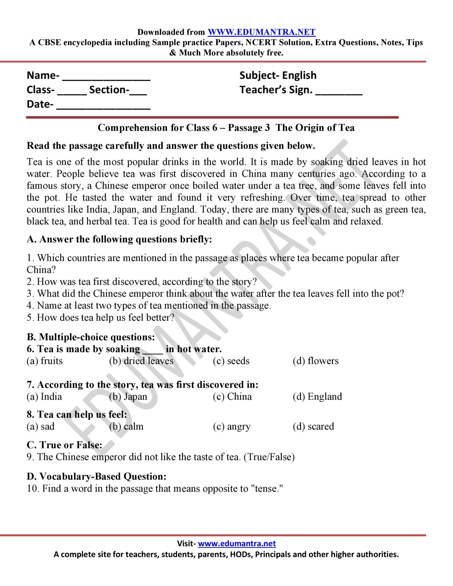 50 + Comprehension for Class 6 Passages | MCQ | Subjective | Exercises ...