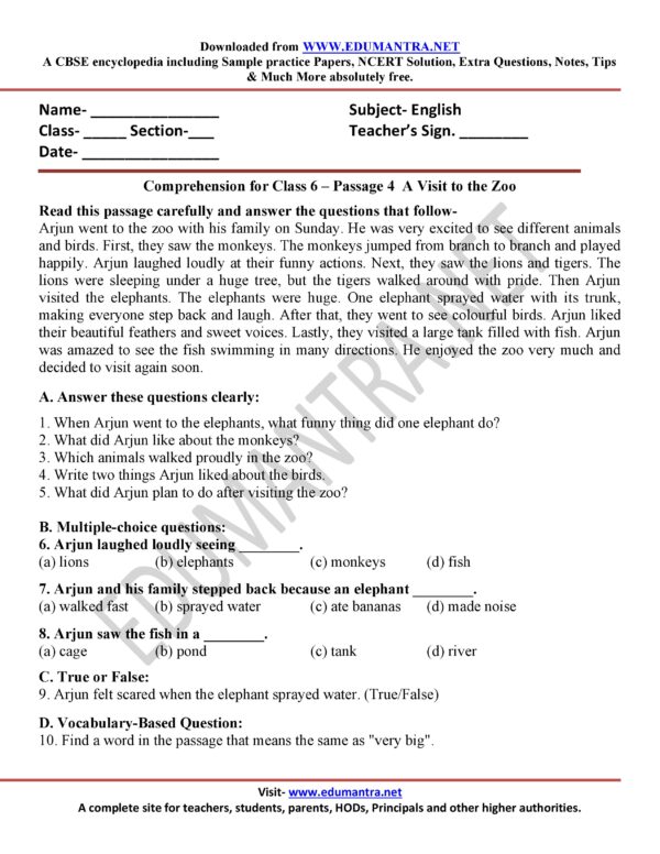 50 + Comprehension for Class 6 Passages | MCQ | Subjective | Exercises ...