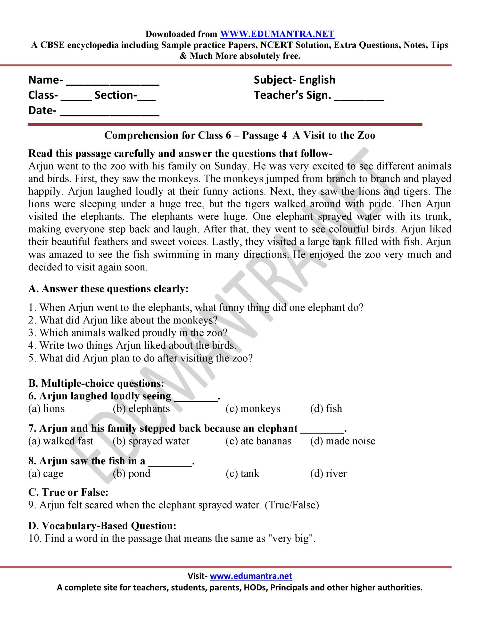 50 + Comprehension for Class 6 Passages | MCQ | Subjective | Exercises | PDF Worksheets