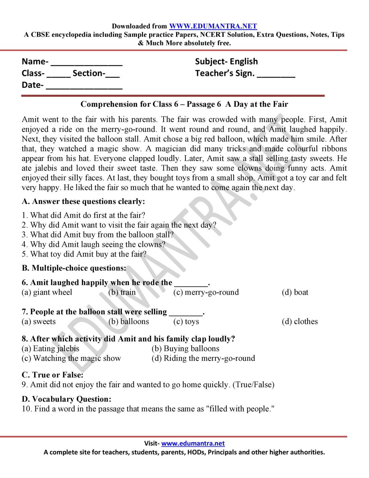 50 + Comprehension for Class 6 Passages | MCQ | Subjective | Exercises ...