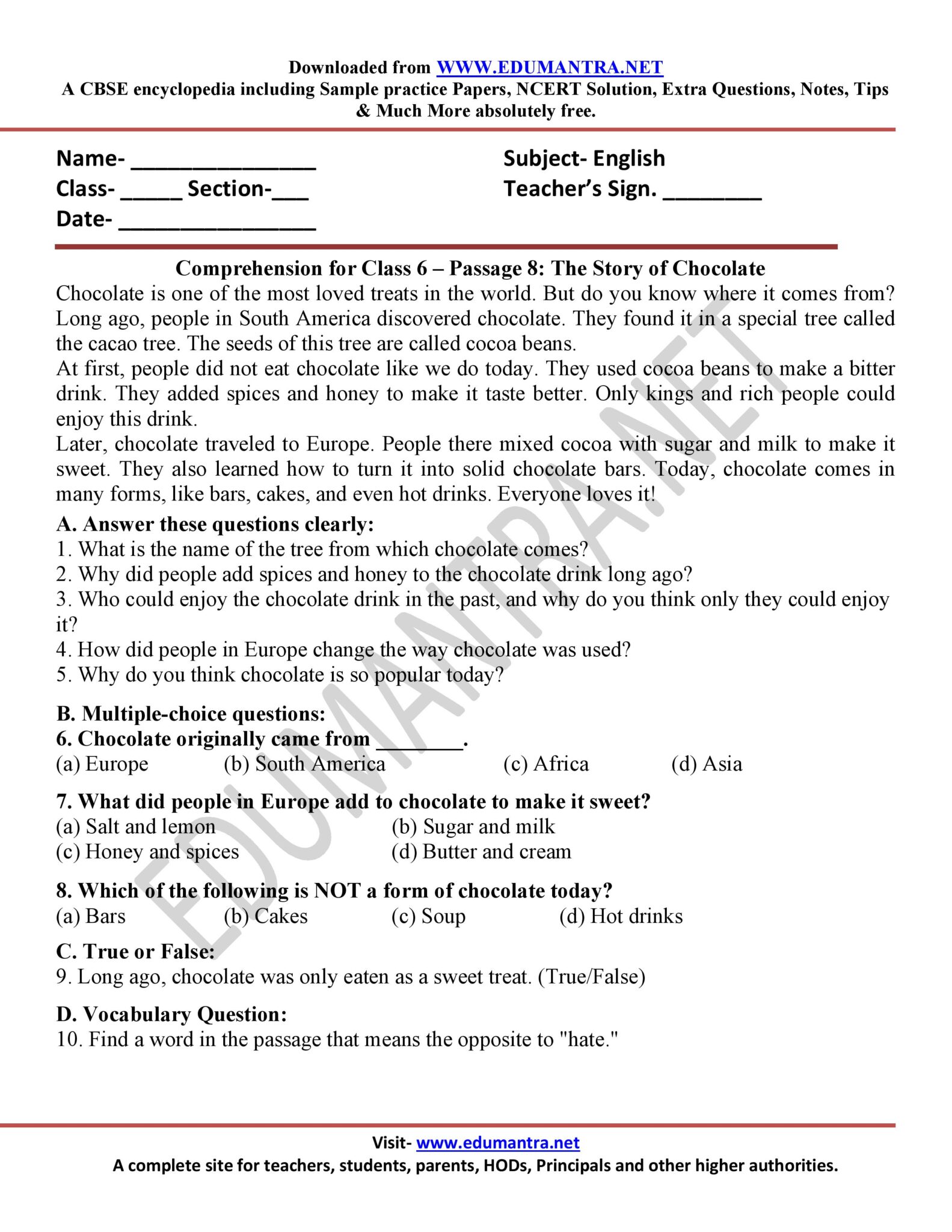 50 + Comprehension for Class 6 Passages | MCQ | Subjective | Exercises ...