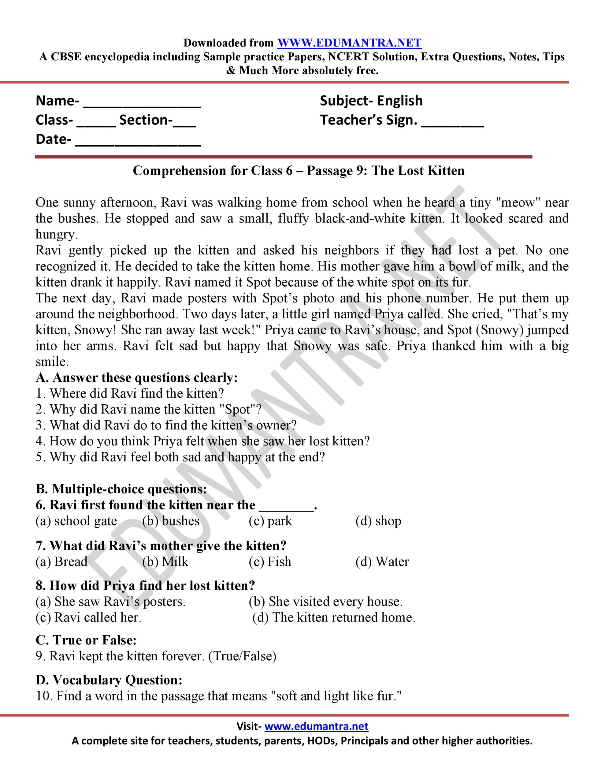 50 + Comprehension for Class 6 Passages | MCQ | Subjective | Exercises ...