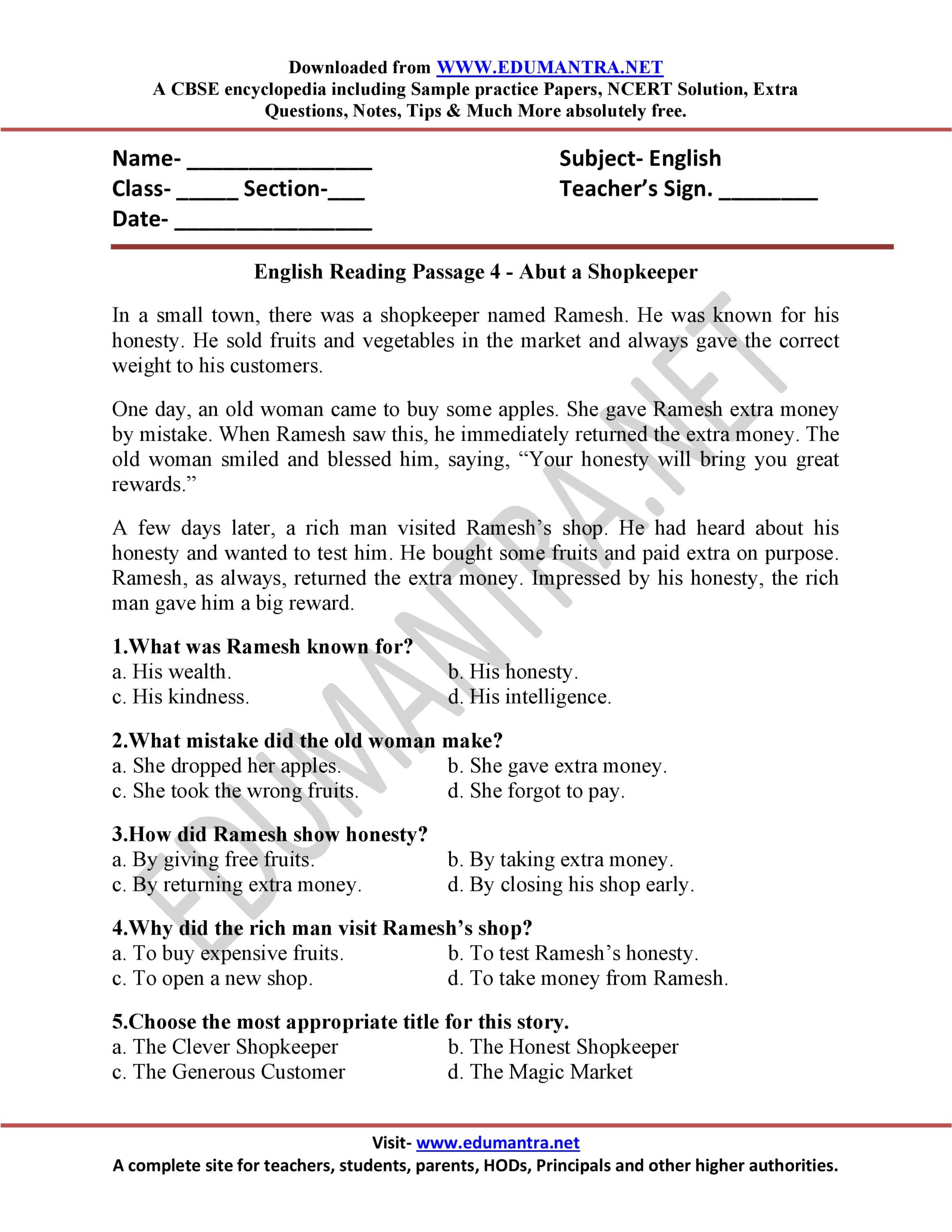 Class 6 English Reading Comprehension Improve Reading Skills 10 ...