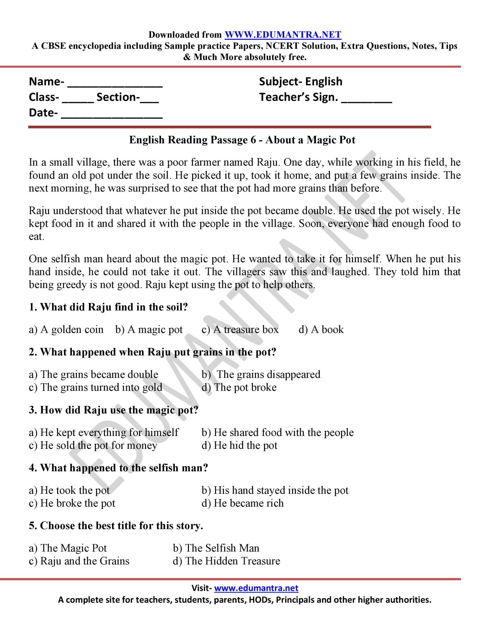 Class 6 English Reading Comprehension Improve Reading Skills 10 ...