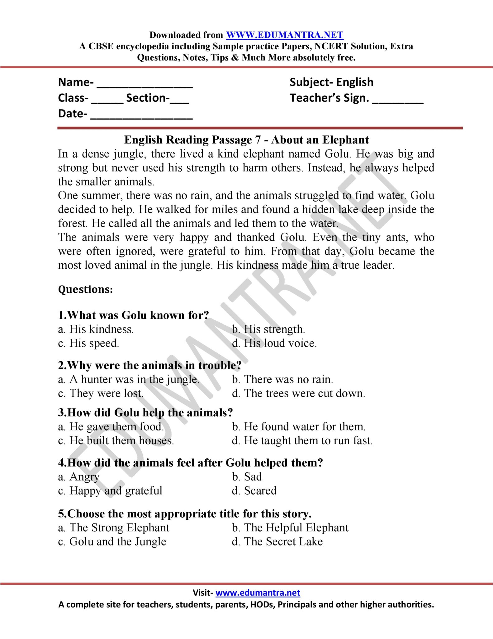 Class 6 English Reading Comprehension Improve Reading Skills 10 ...