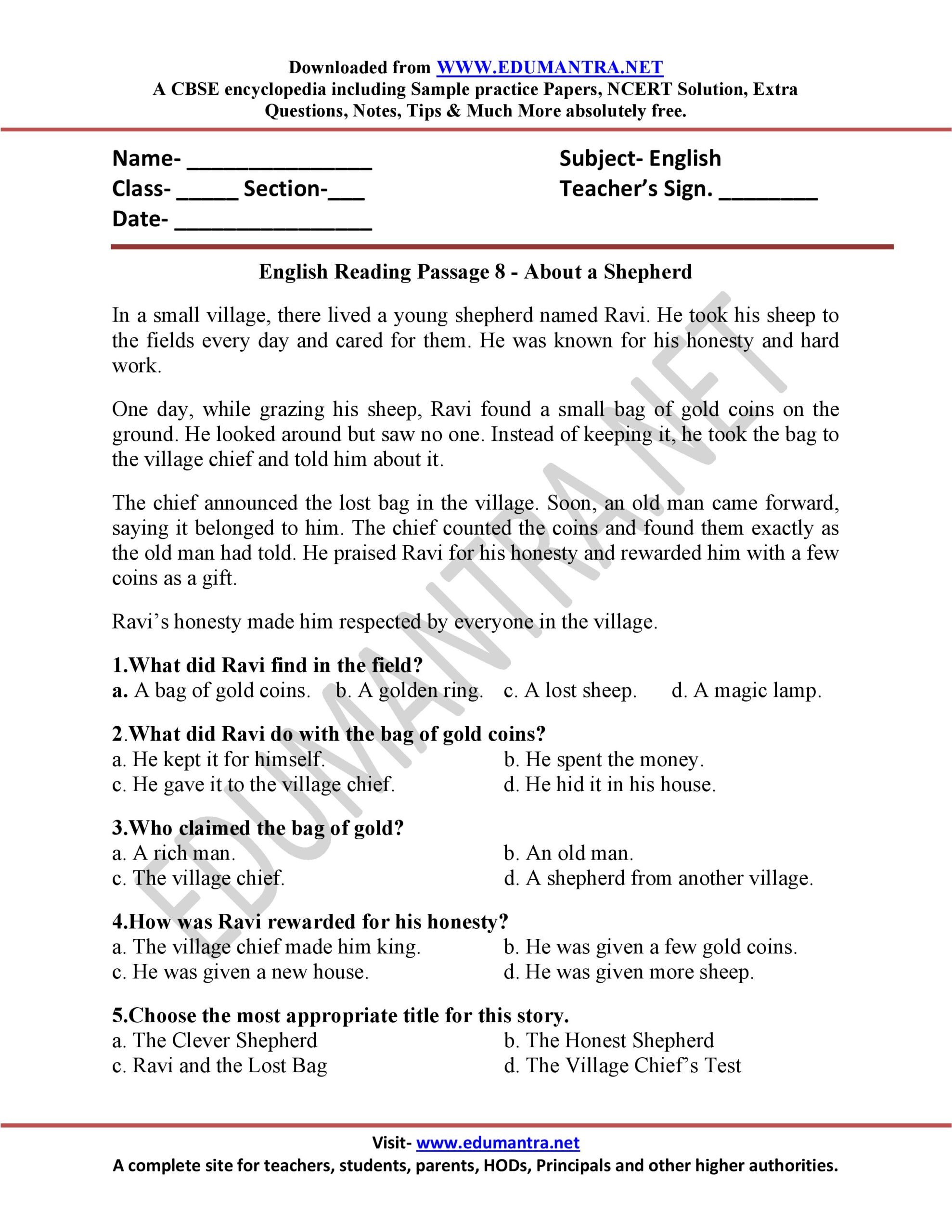 Class 6 English Reading Comprehension Improve Reading Skills 10 ...