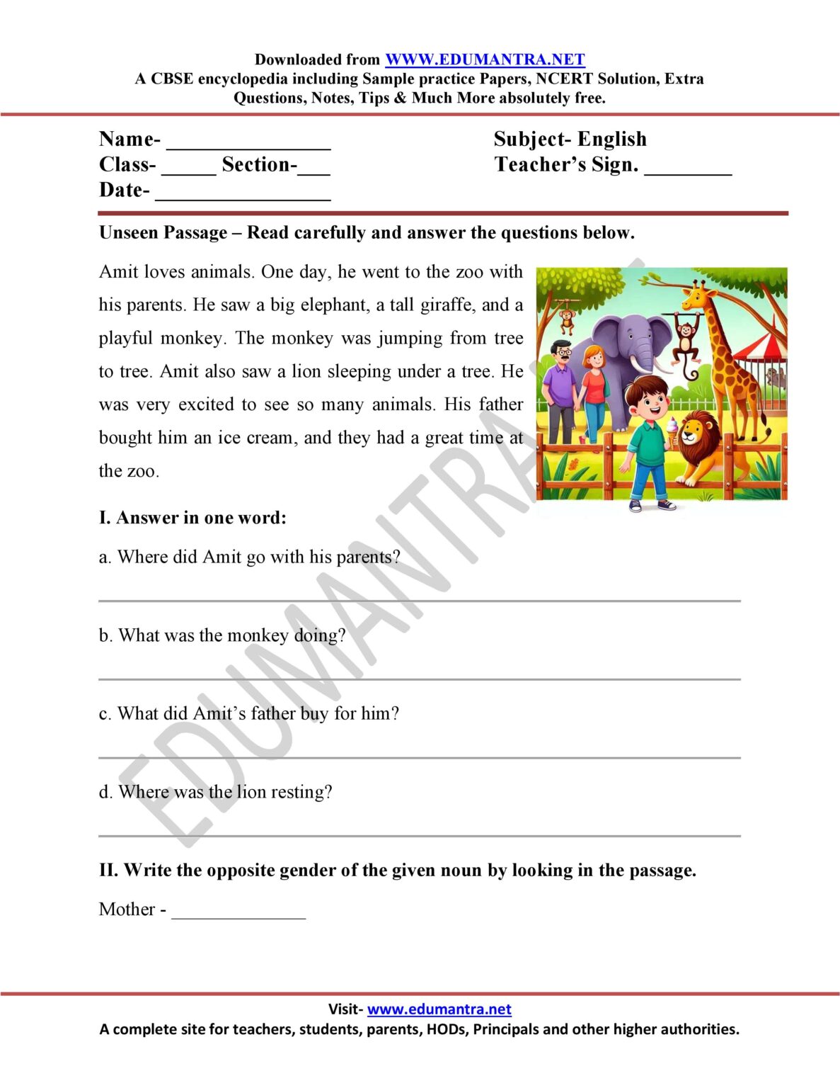 50 + Best English Comprehension Class 2 | Passages with Answers MCQ ...