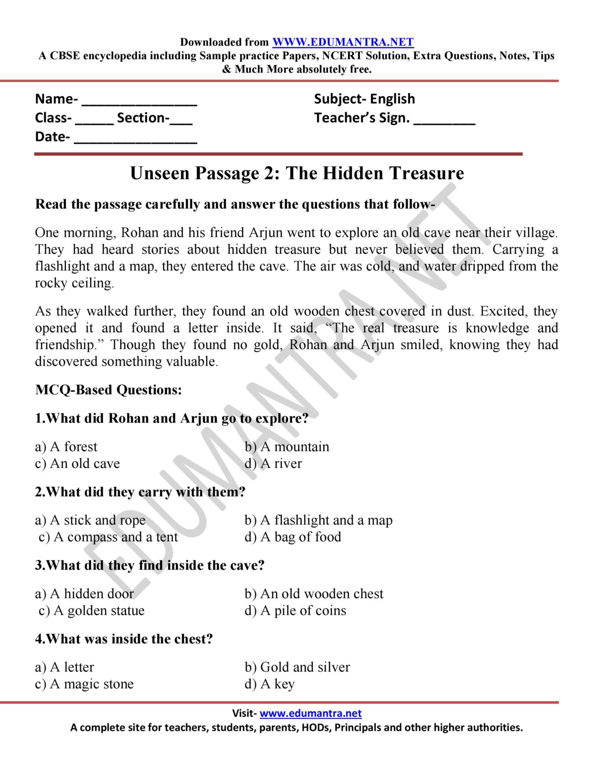 Unseen Passage for Class 6 with MCQ Questions | Free PDF Download