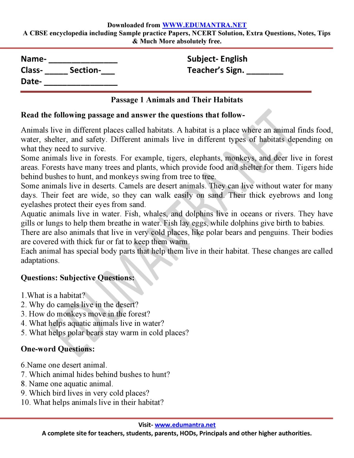Passage for Class 6 with Questions and Answers | Reading Comprehension ...