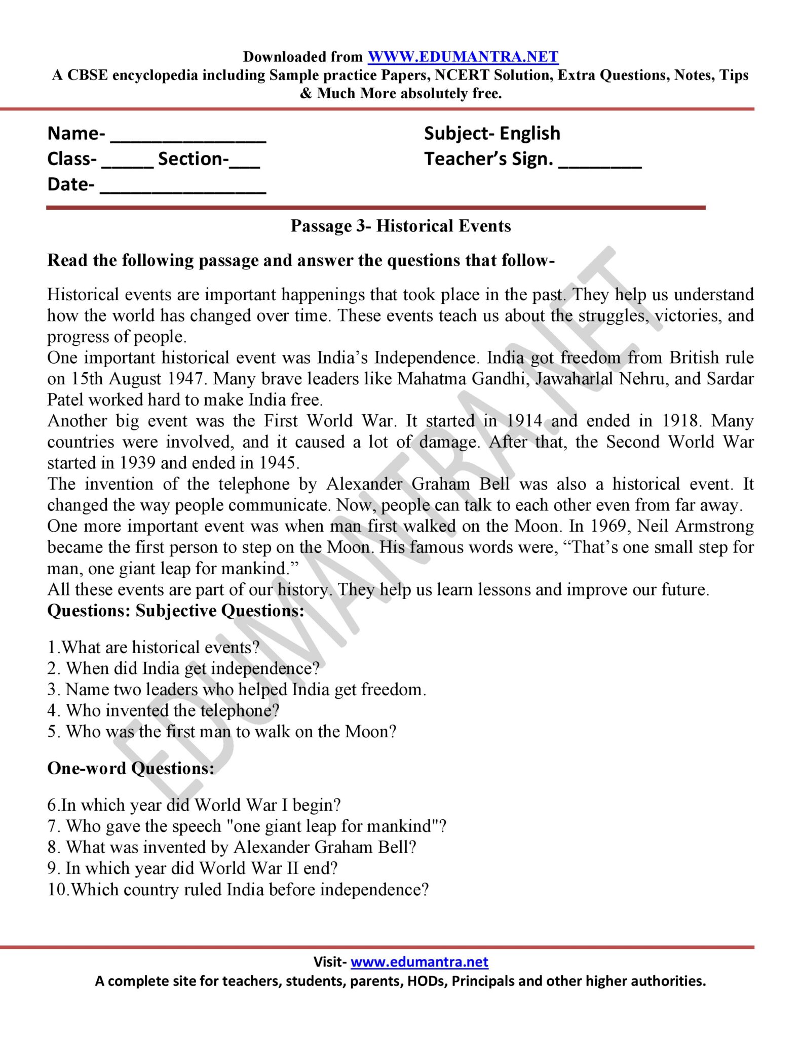 Passage for Class 6 with Questions and Answers | Reading Comprehension ...