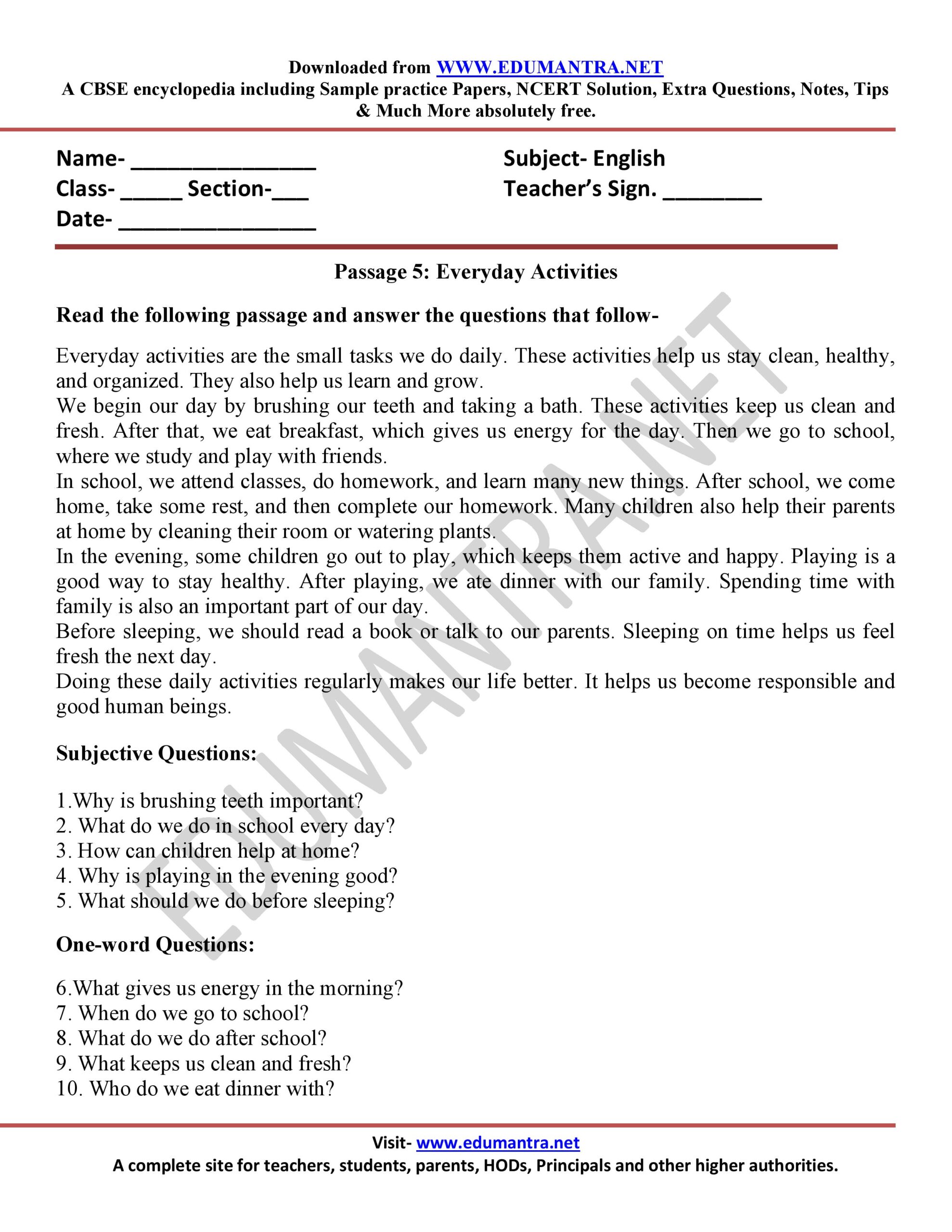 Passage for Class 6 with Questions and Answers | Reading Comprehension ...