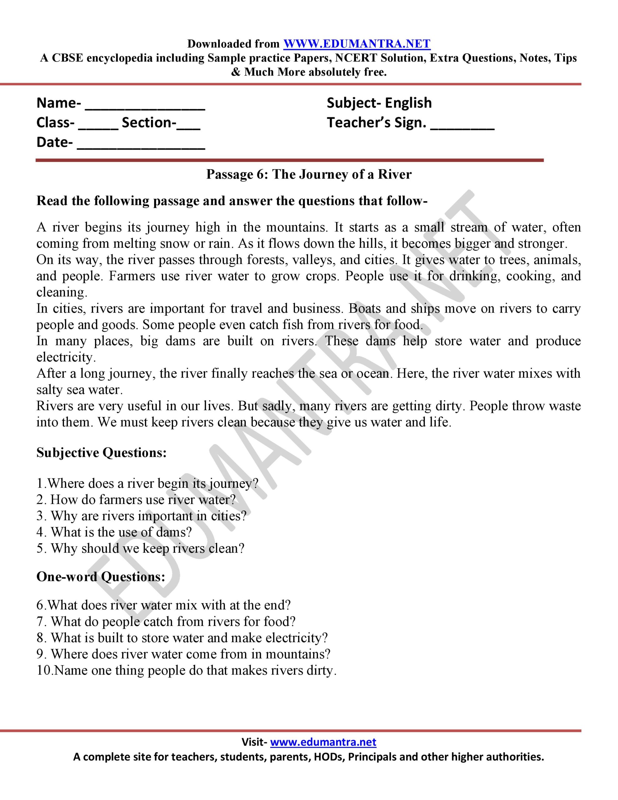 Passage for Class 6 with Questions and Answers | Reading Comprehension ...