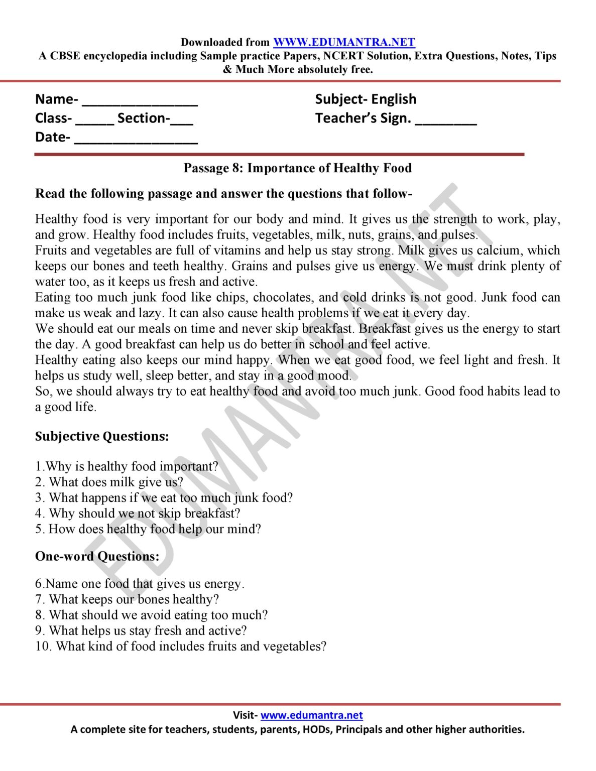 Passage for Class 6 with Questions and Answers | Reading Comprehension ...