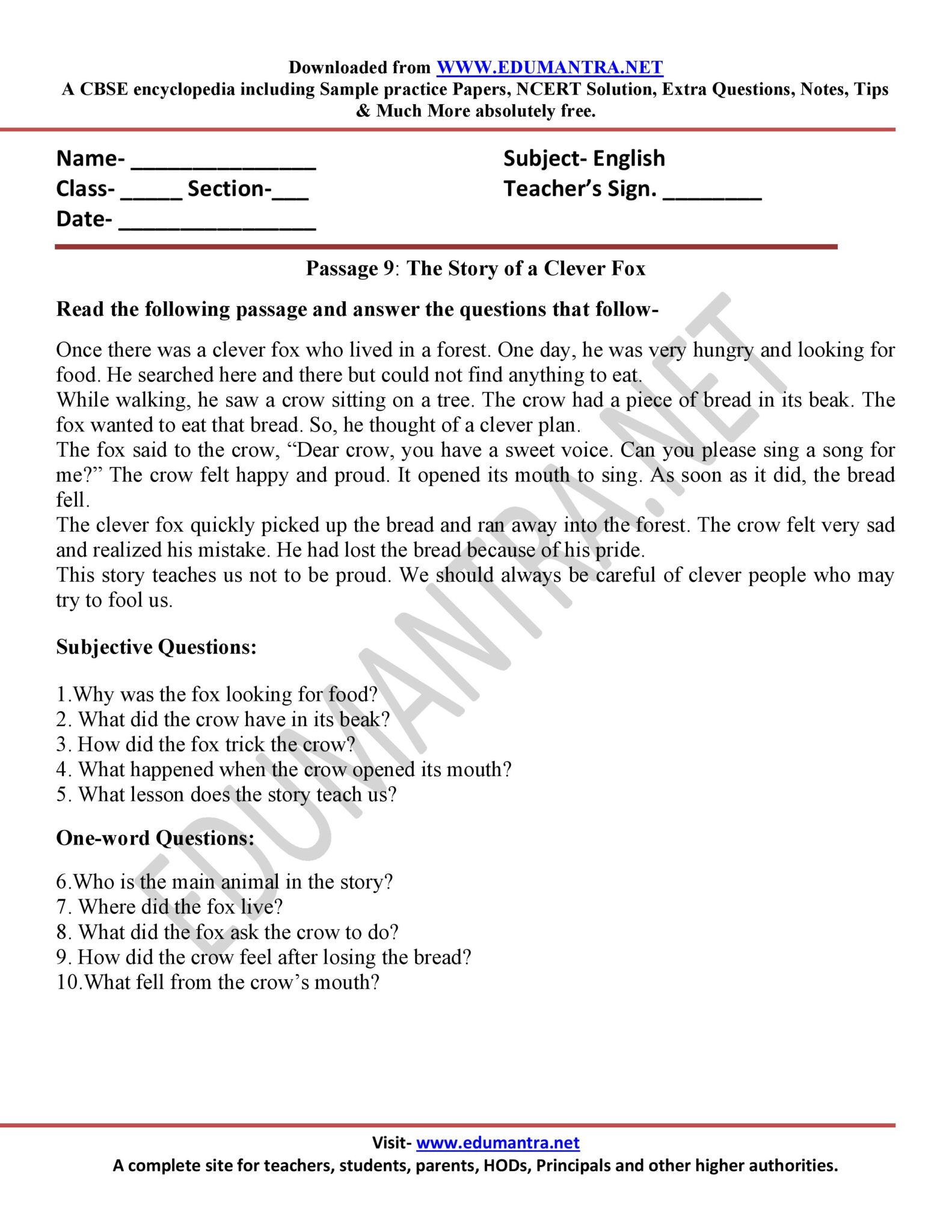 Passage for Class 6 with Questions and Answers | Reading Comprehension ...