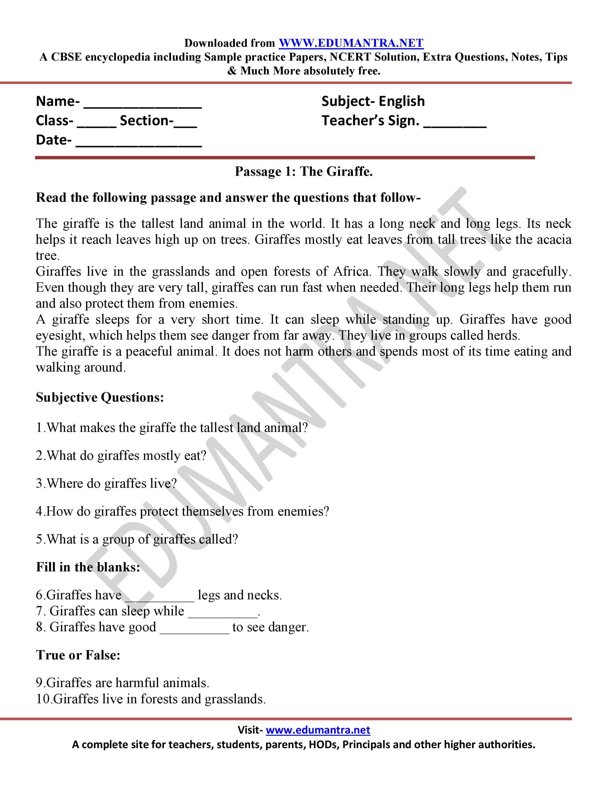50+ Comprehension Class 6 English Questions and Answers | Comprehension ...