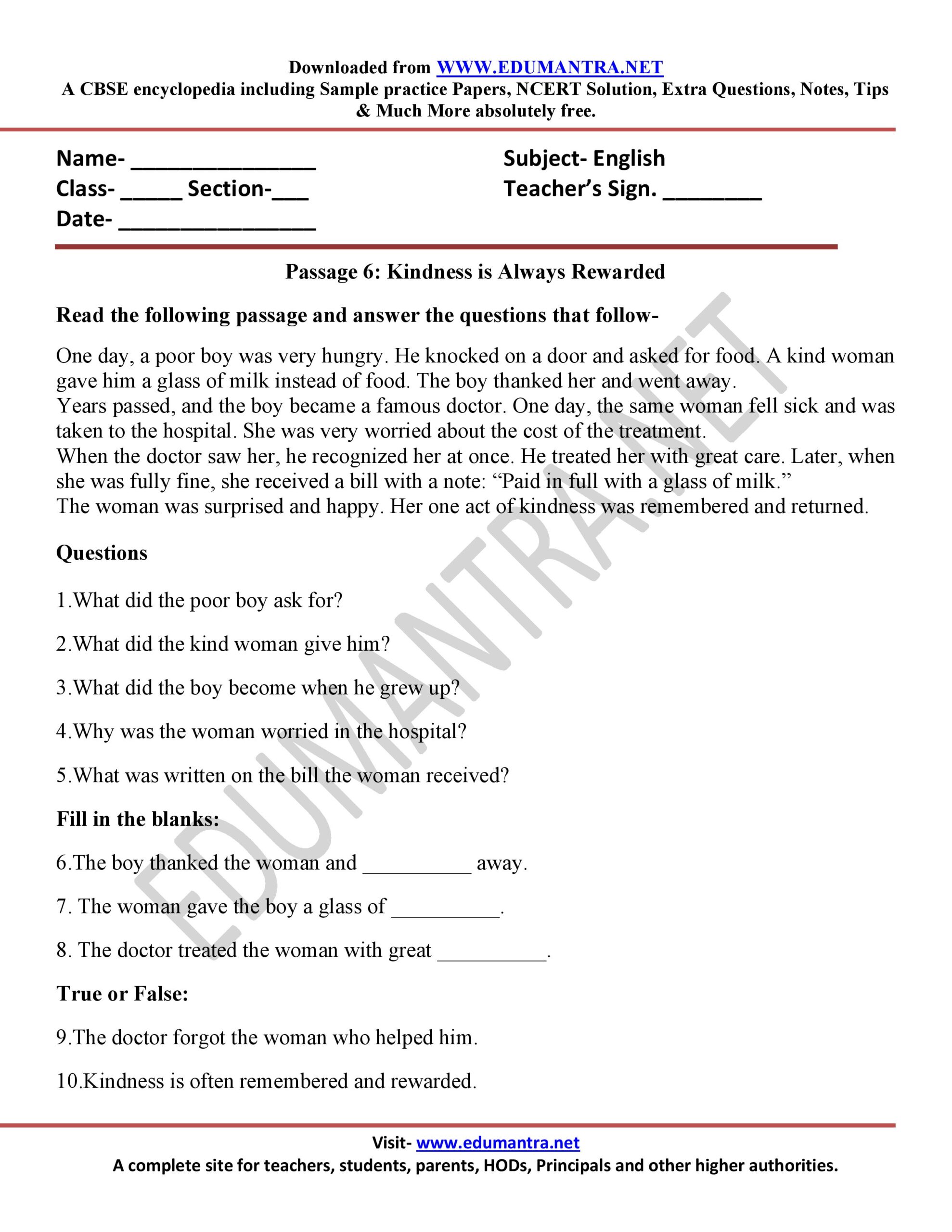 50+ Comprehension Class 6 English Questions and Answers | Comprehension ...