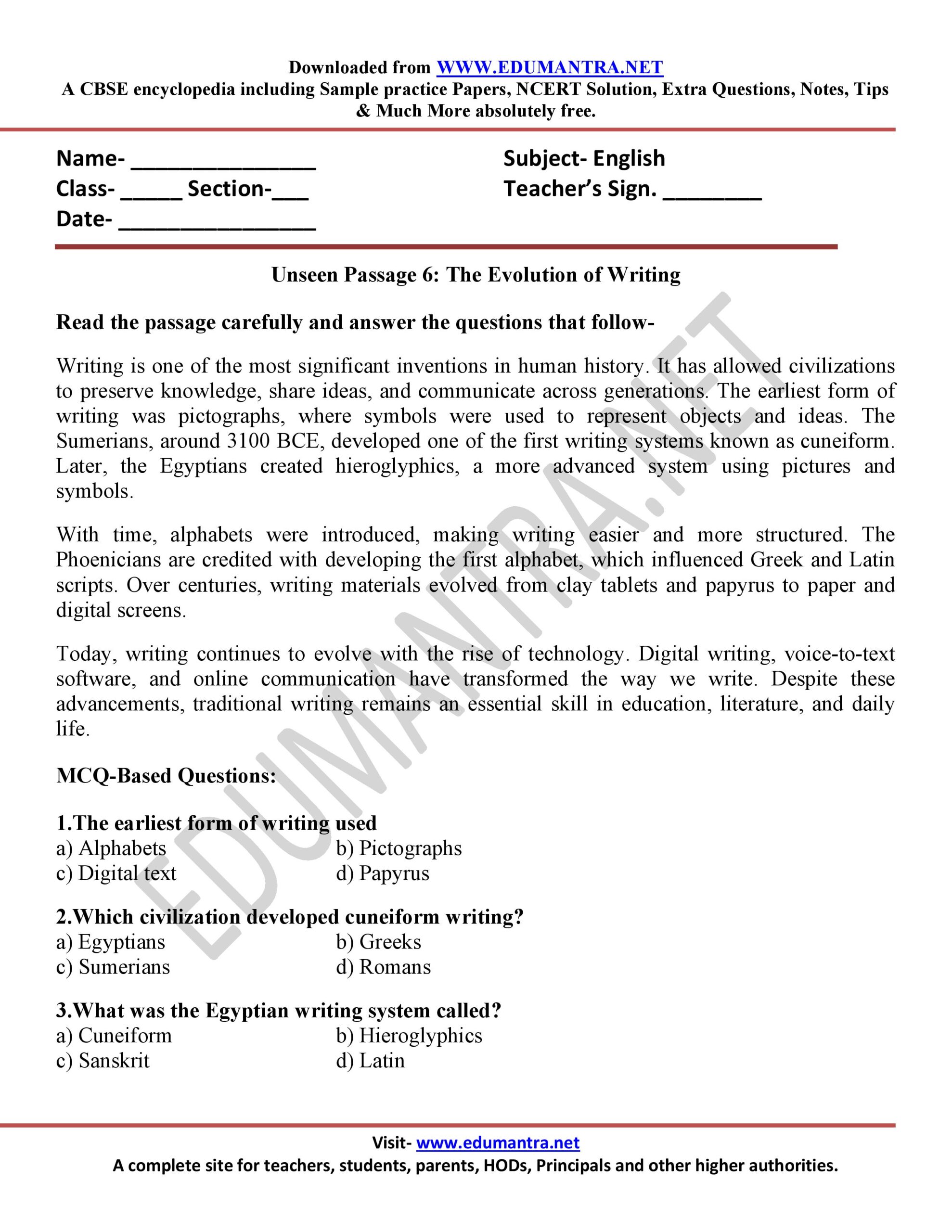 Unseen Passage for Class 6 with MCQ Questions | Free PDF Download