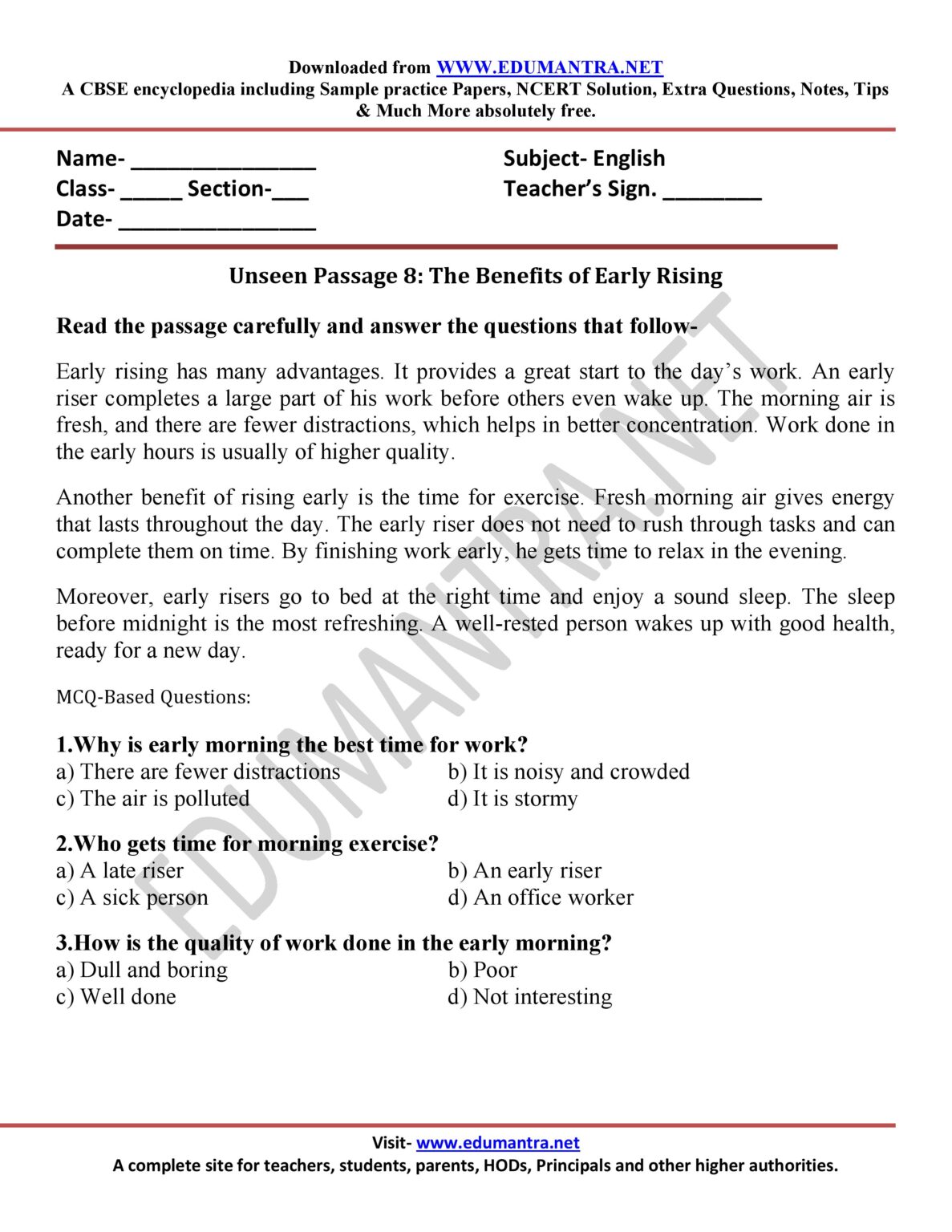 Unseen Passage for Class 6 with MCQ Questions | Free PDF Download